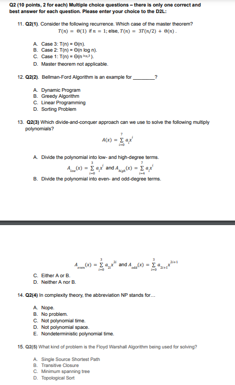 Q2 (10 points, 2 for each) Multiple choice questions | Chegg.com