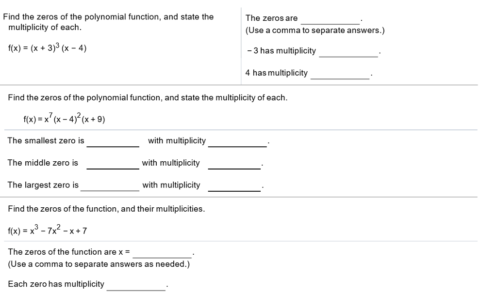 Solved Find the zeros of the polynomial function, and state | Chegg.com