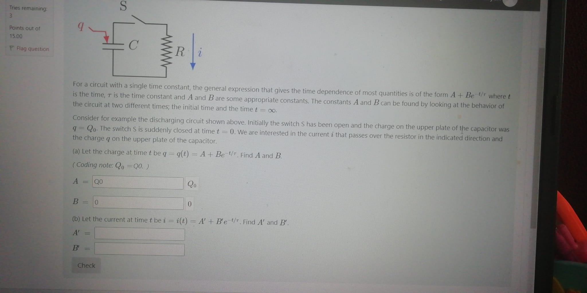 Solved For a circuit with a single time constant, the | Chegg.com
