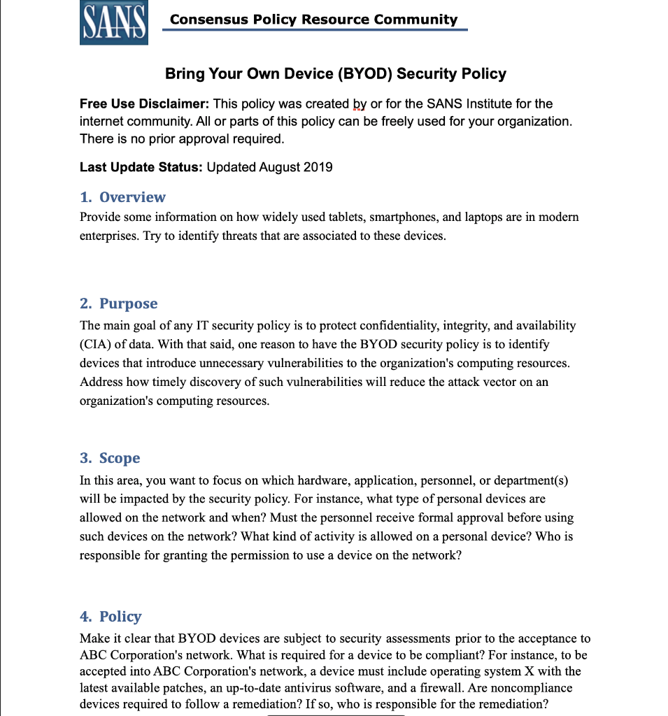 SANS Consensus Policy Resource Community Bring Your | Chegg.com