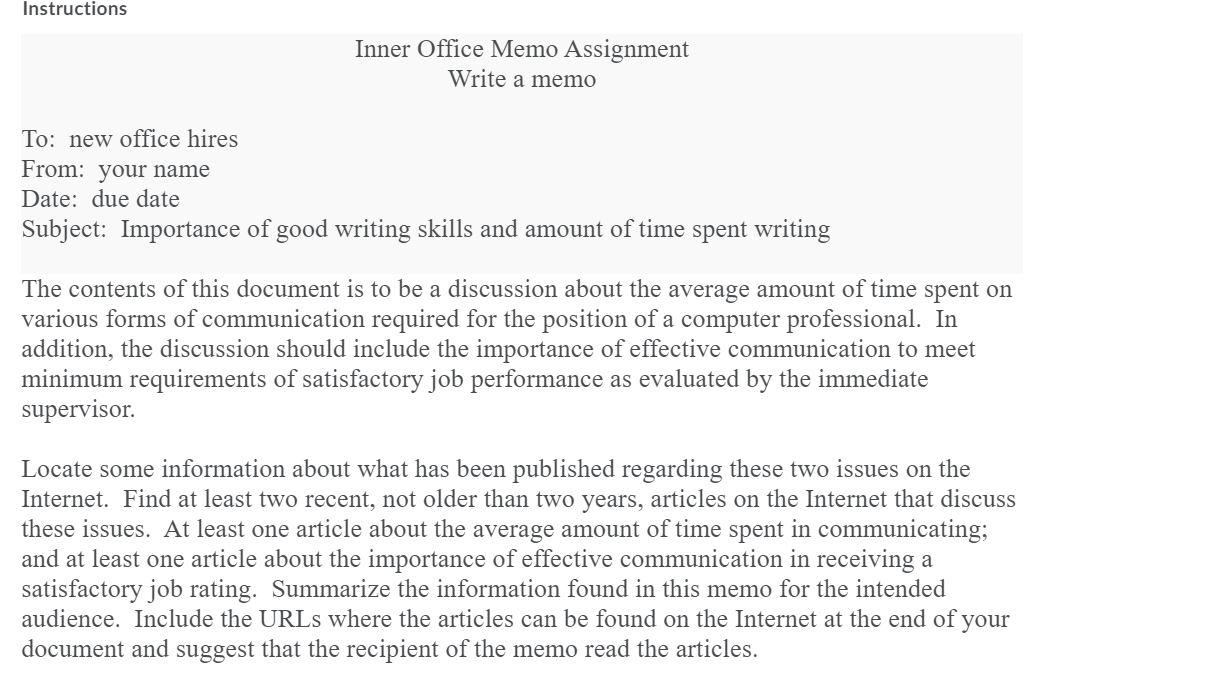 Instructions Inner Office Memo Assignment Write a | Chegg.com