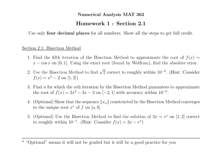 Solved Numerical Analysis MAT 362 Homework 1 : Section 2.1 | Chegg.com