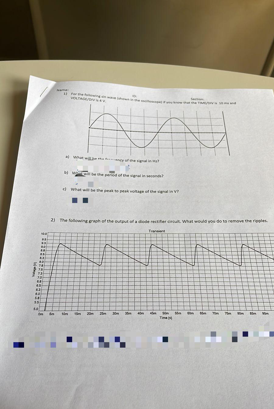 Solved Name: 1) For the following sin wave (shown ID: | Chegg.com