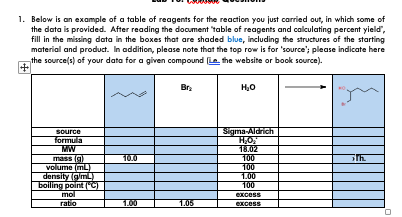 Solved 1. Below is an example of a table of reagents for the | Chegg.com