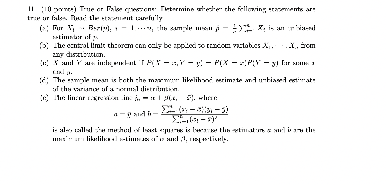 Solved 11. (10 points) True or False questions: Determine | Chegg.com