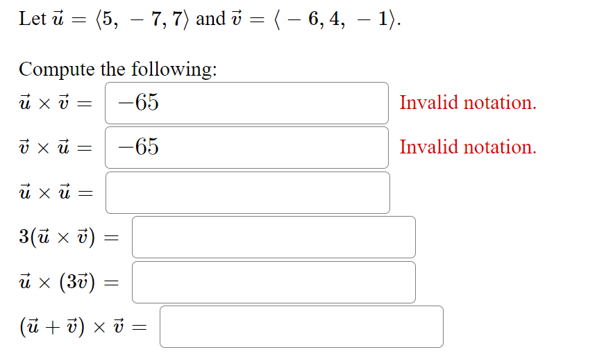 Solved Let u= 5,−7,7 and v= −6,4,−1 . Compute the | Chegg.com
