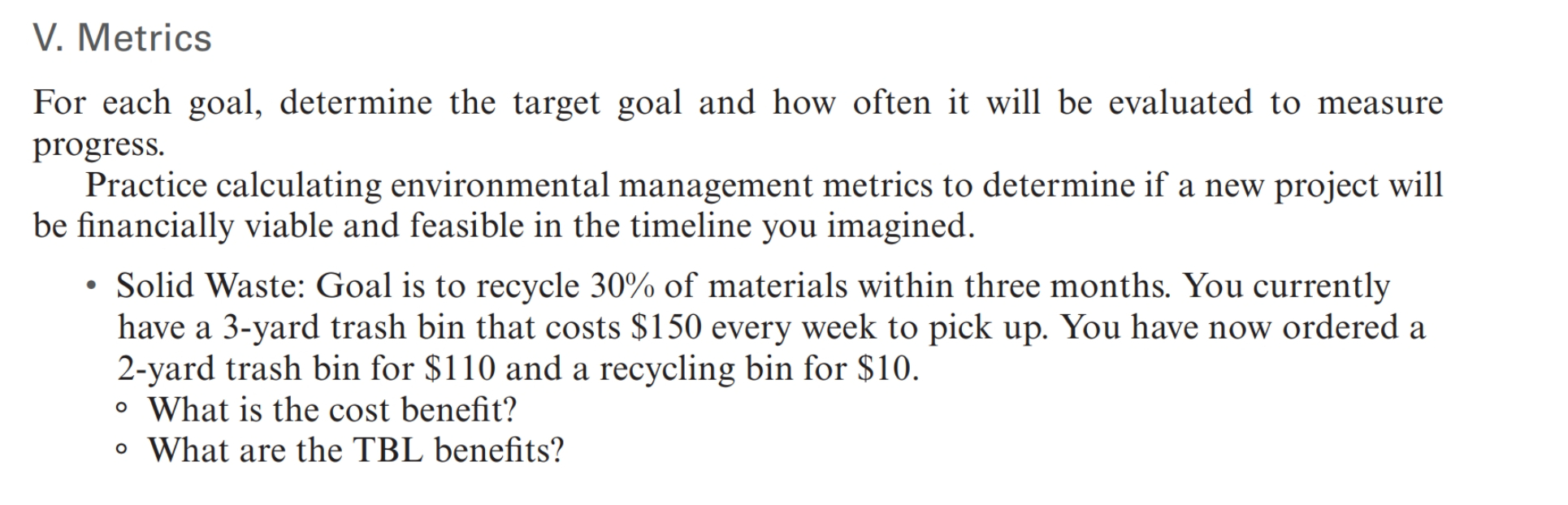 V. Metrics For each goal, determine the target goal | Chegg.com