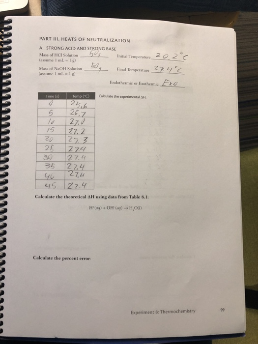 Solved Calculate the experimental deltaH using the given | Chegg.com