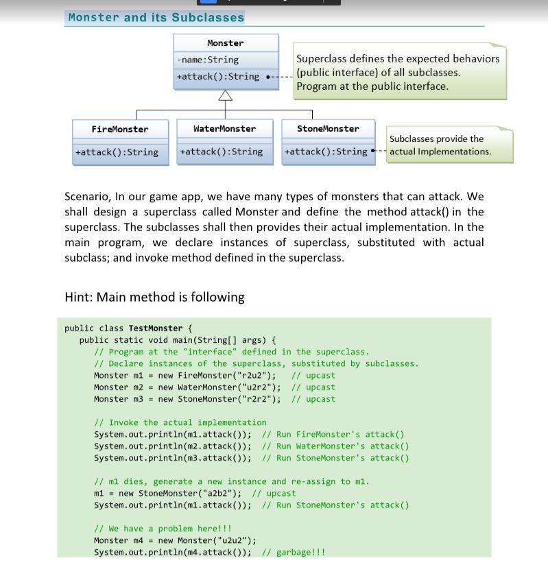 Solved Monster and its Subclasses Monster - name:String | Chegg.com