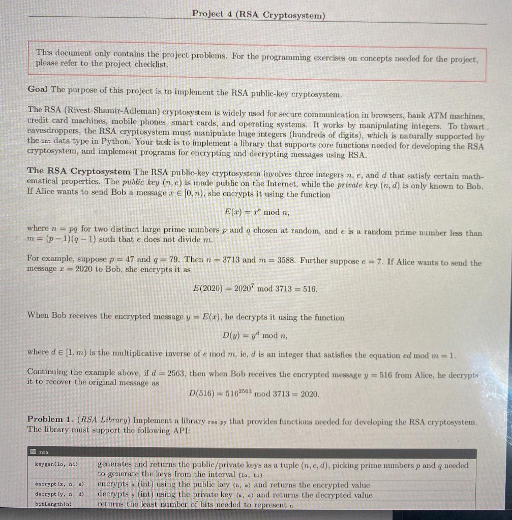 Project 4 (RSA Cryptosystem) This document only | Chegg.com