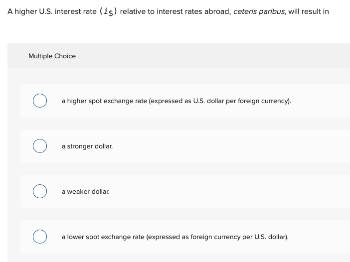 Solved A higher U.S. interest rate (i$) relative to interest | Chegg.com
