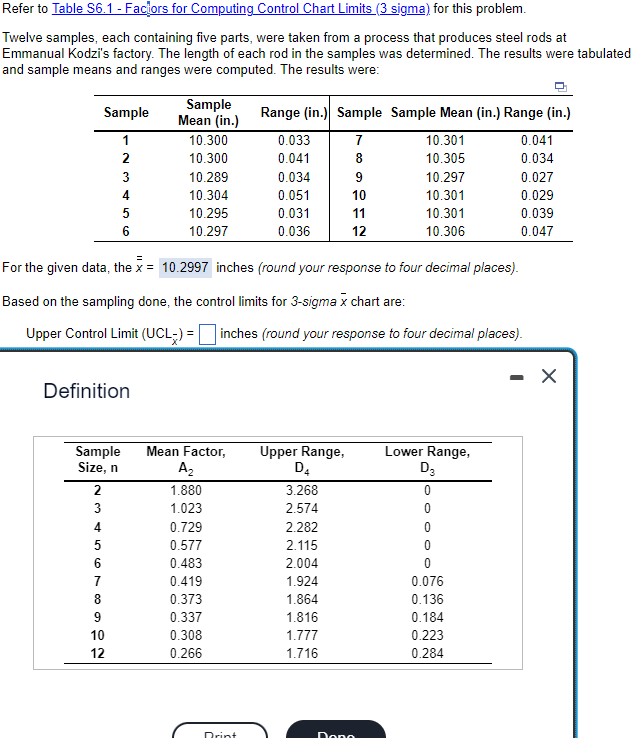 Solved Refer to Table S6.1 - Factors for Computing Control | Chegg.com