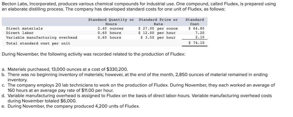 Solved Becton Labs, Incorporated, produces various chemical | Chegg.com