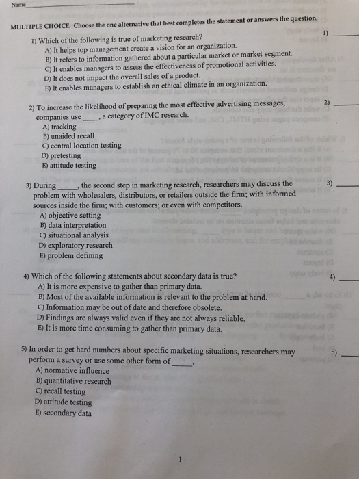 Solved Name MULTIPLE CHOICE Choose the one alternative that | Chegg.com