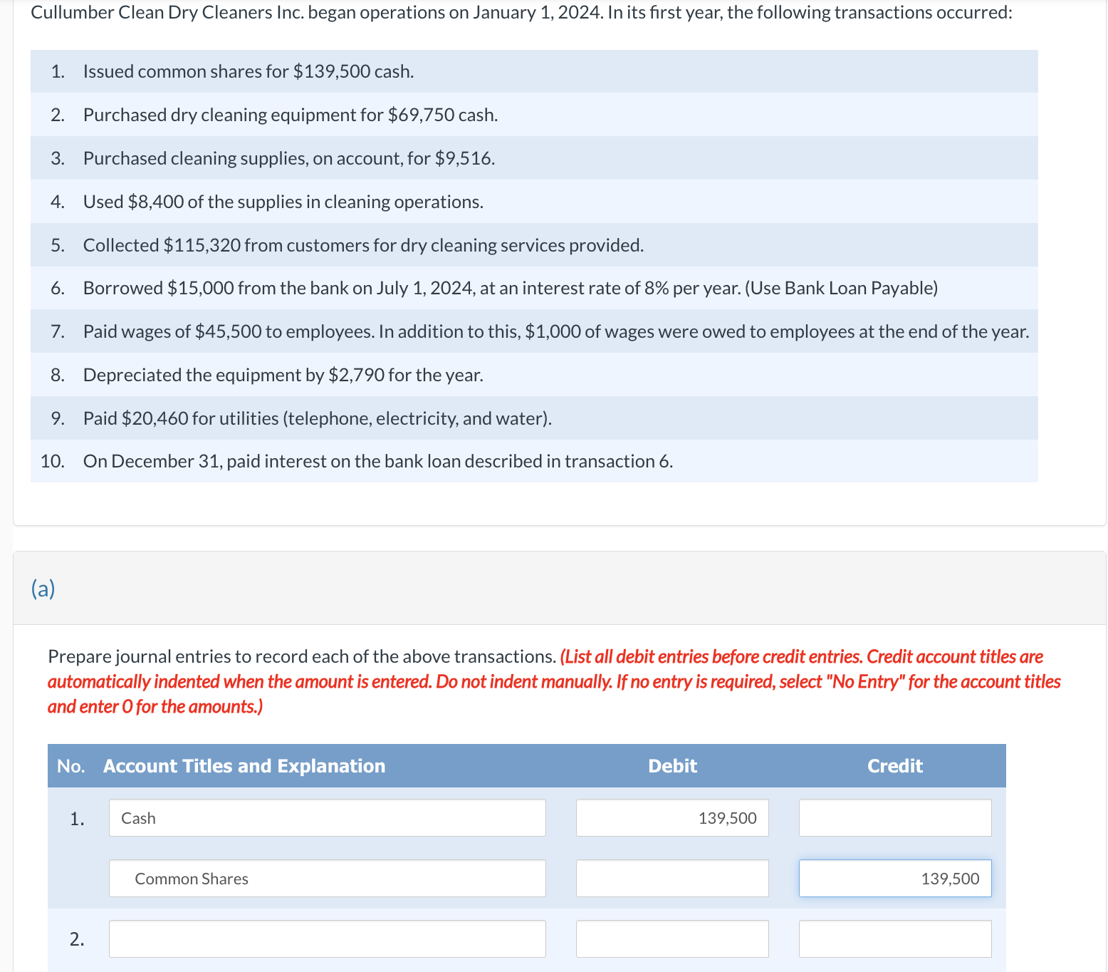 Solved Cullumber Clean Dry Cleaners Inc. began operations on | Chegg.com