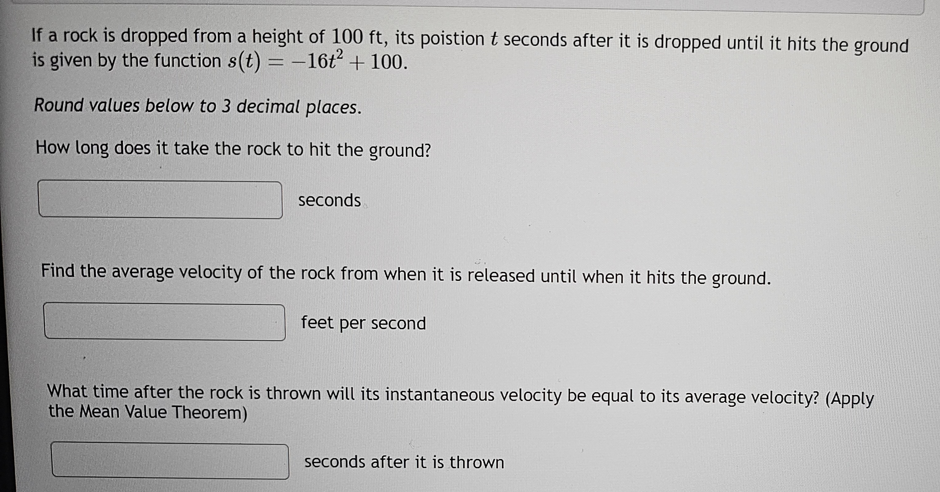 Solved If a rock is dropped from a height of 100ft, ﻿its | Chegg.com