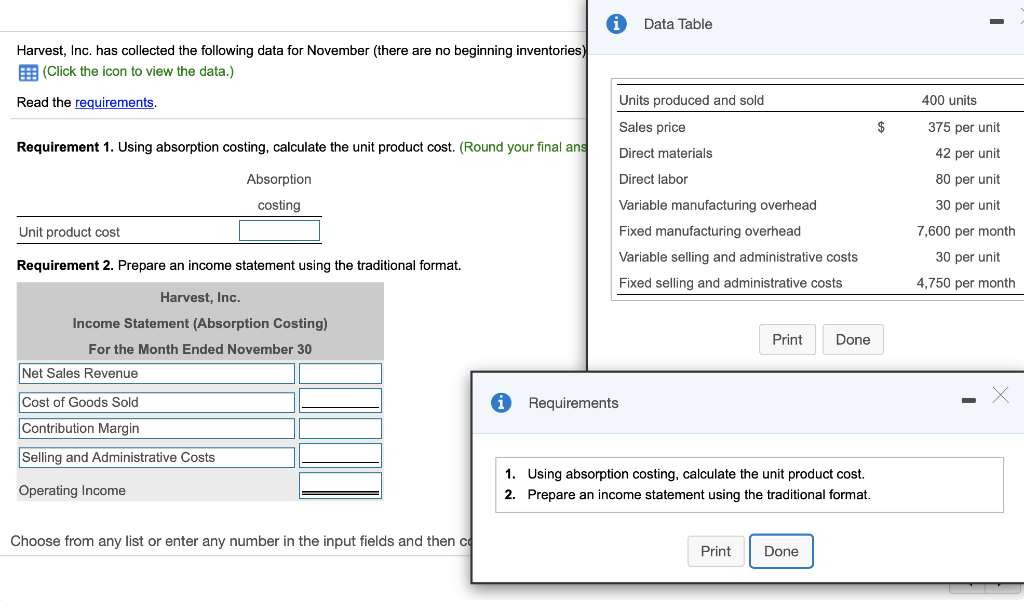 Solved Data Table Harvest, Inc. has collected the following | Chegg.com