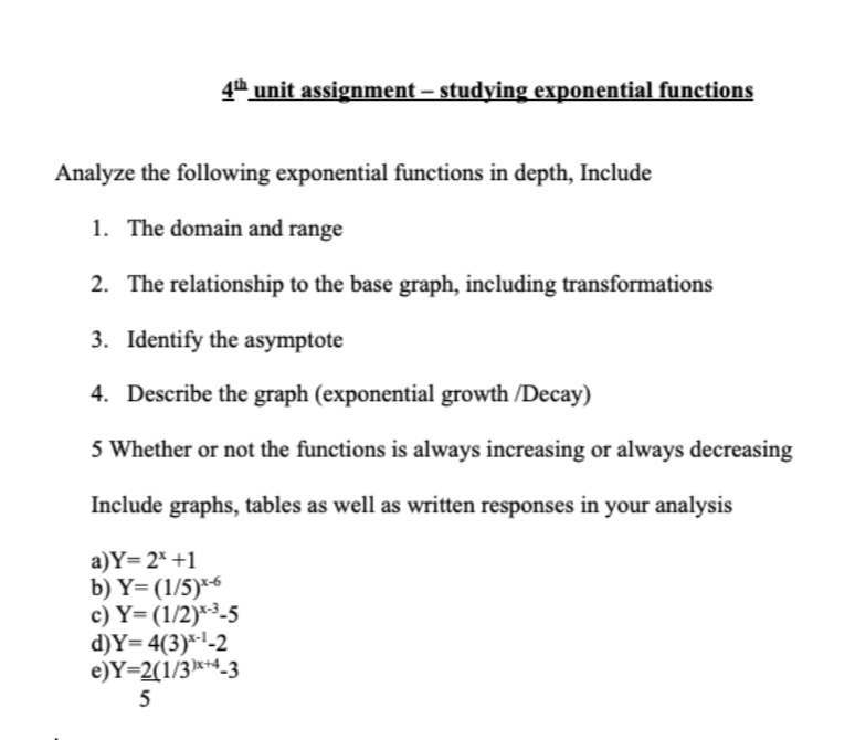 Solved 4th unit assignment - studying exponential functions | Chegg.com