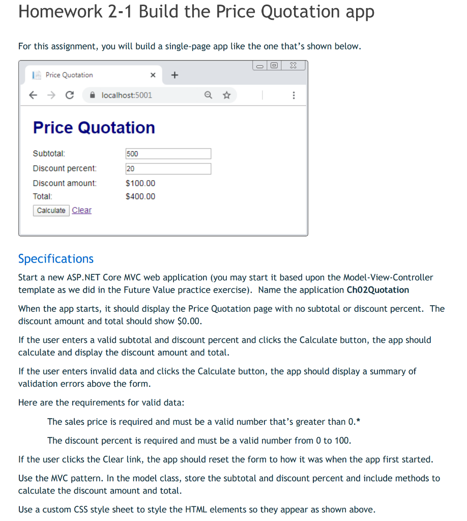 Solved Homework 2-1 Build the Price Quotation app For this | Chegg.com