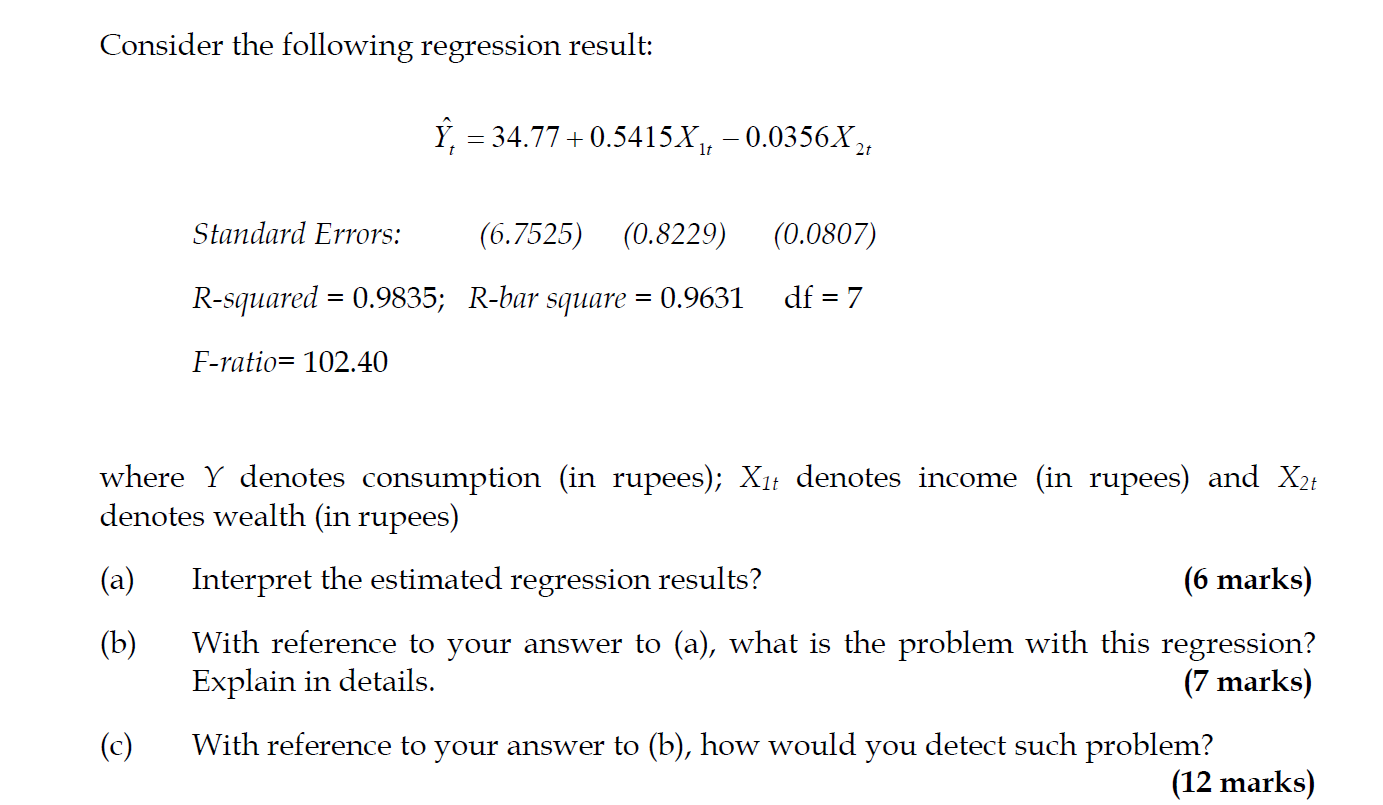 Solved Consider the following regression result: Y, = 34.77 | Chegg.com