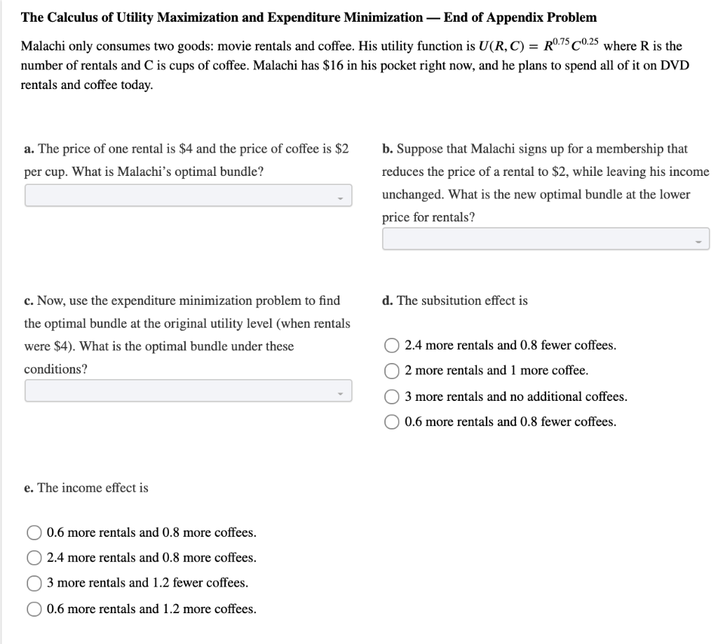 Solved The Calculus of Utility Maximization and Expenditure | Chegg.com