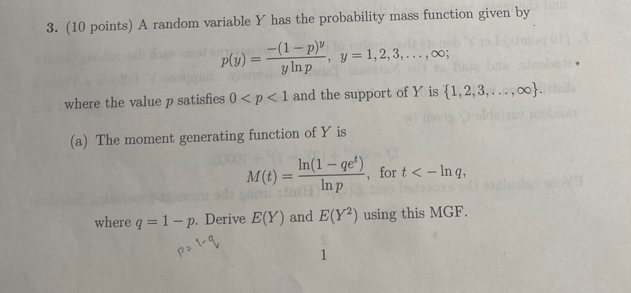 Solved (10 points) A random variable Y has the probability | Chegg.com