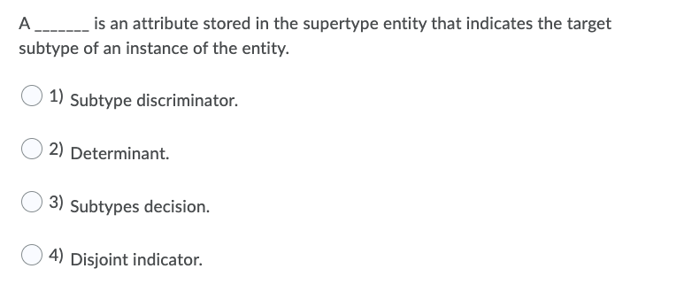 Solved A------- is an attribute stored in the supertype | Chegg.com