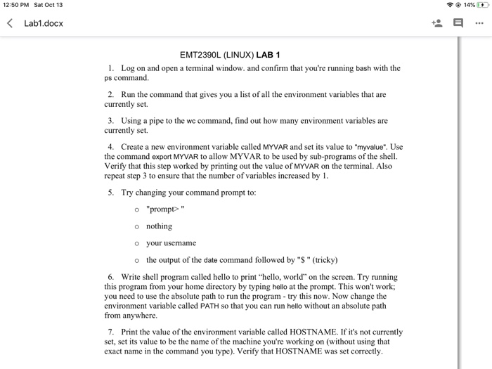Solved 12:50 PM Sat Oct 13 14% Lab1.docx EMT2390L (LINUX) | Chegg.com