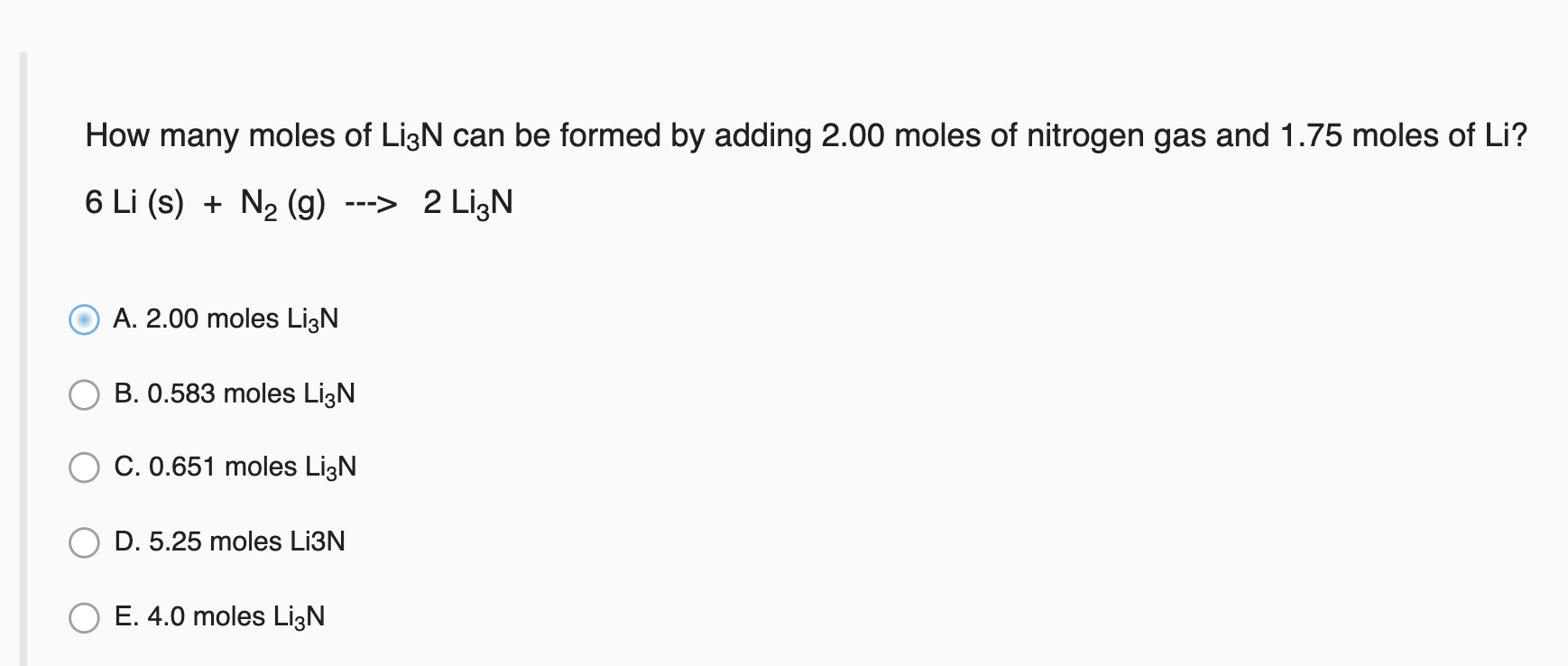 Solved How many moles of Li3N can be formed by adding 2.00 | Chegg.com