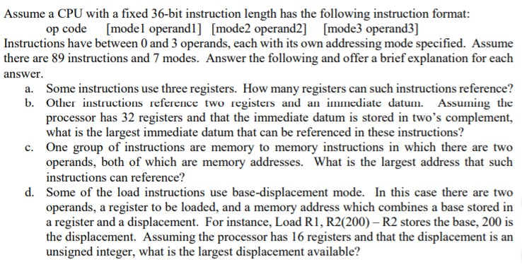 Assume a CPU with a fixed 36-bit instruction length | Chegg.com