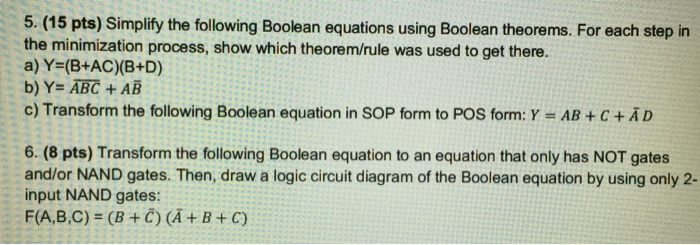 Solved 5 15 Pts Simplify The Following Boolean Equatio