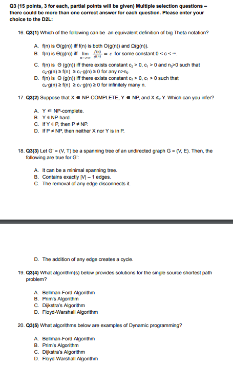Solved Q3 (15 points, 3 for each, partial points will be | Chegg.com