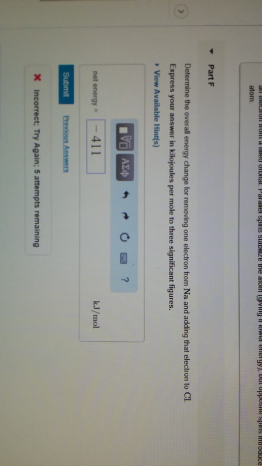 Solved atom Part F Determine the overall energy change for | Chegg.com