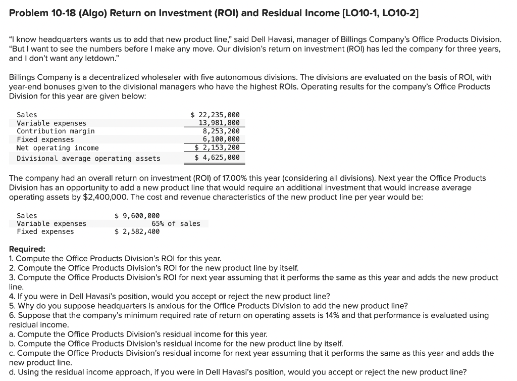Solved Problem 10-18 (Algo) Return on Investment (ROI) and | Chegg.com