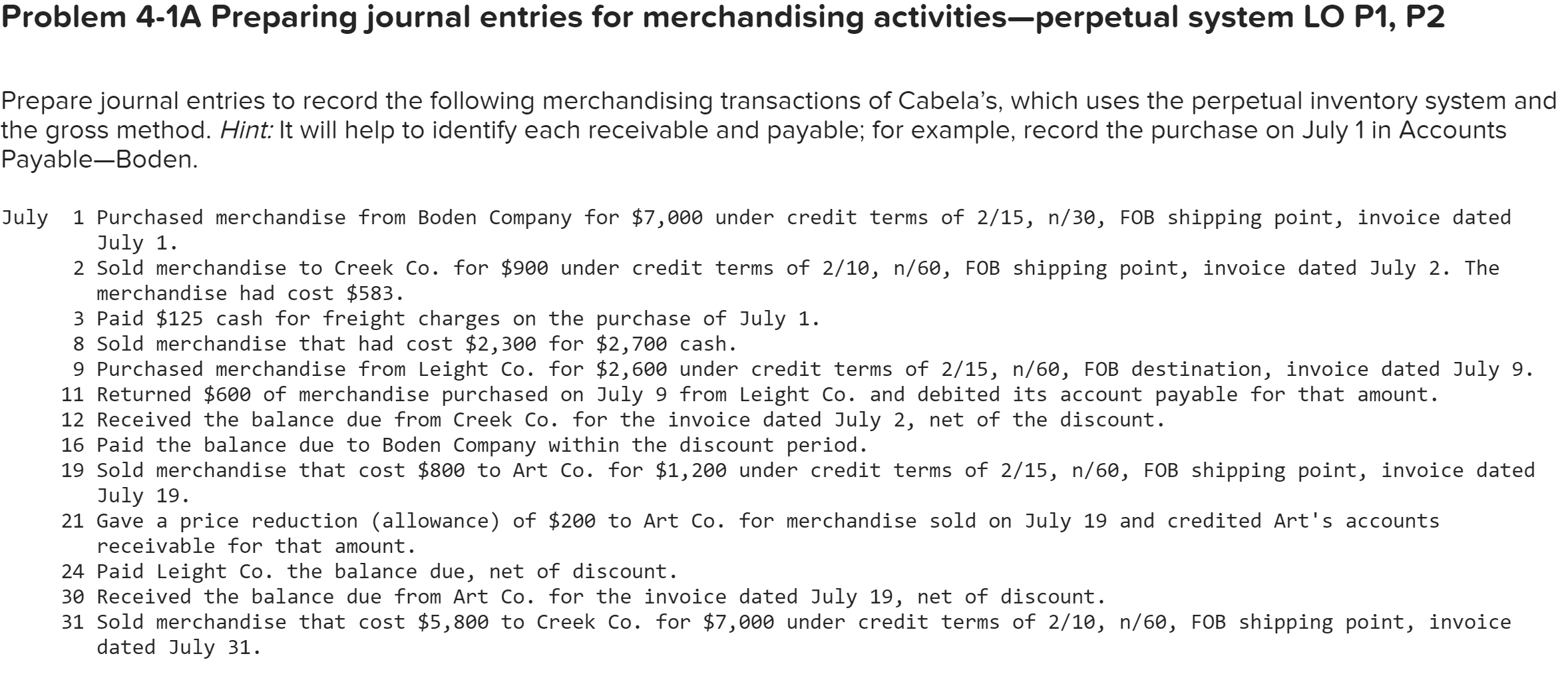 Solved Problem 4-1A Preparing journal entries for | Chegg.com