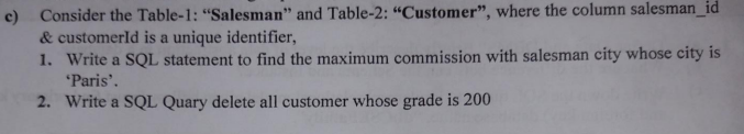 Solved c) Consider the Table-1: "Salesman" and Table-2: | Chegg.com