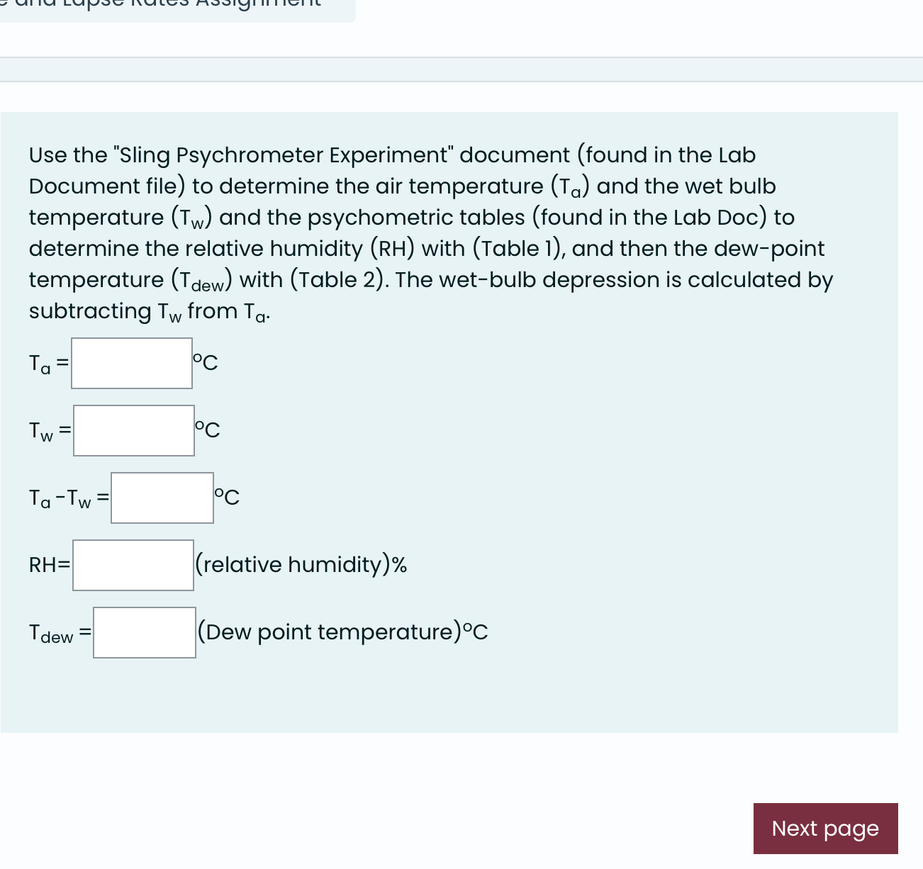 Solved Use the "Sling Psychrometer Experiment" document | Chegg.com