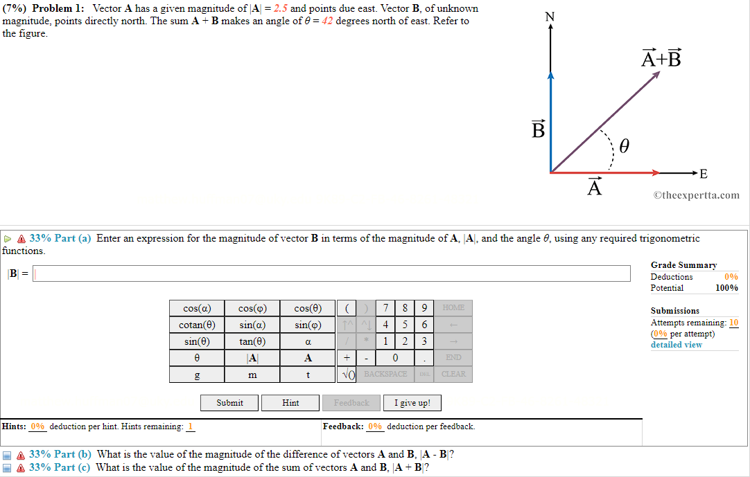Solved (7\%) Problem 1: Vector A has a given magnitude of | Chegg.com