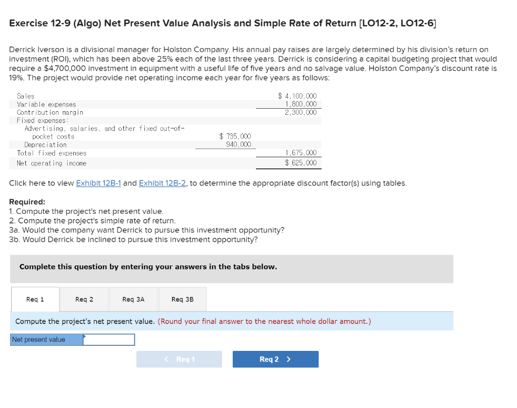 Solved Exercise 12-9 (Algo) Net Present Value Analysis and | Chegg.com