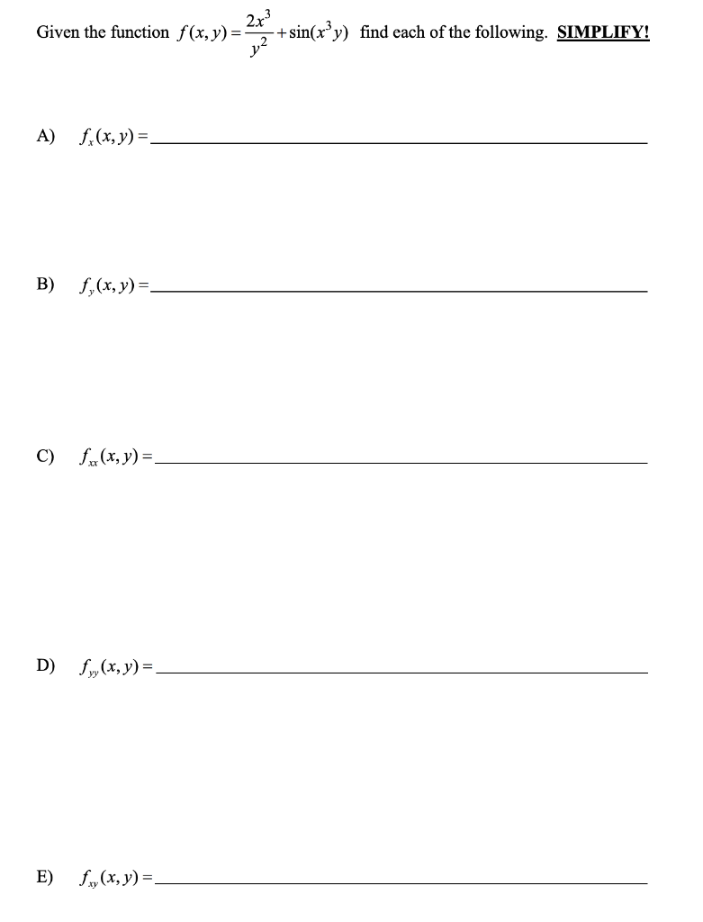 Solved 2x Given The Function F X Y Sin Xy Find Each