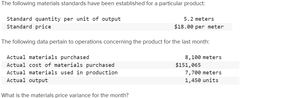 Solved The following materials standards have been | Chegg.com