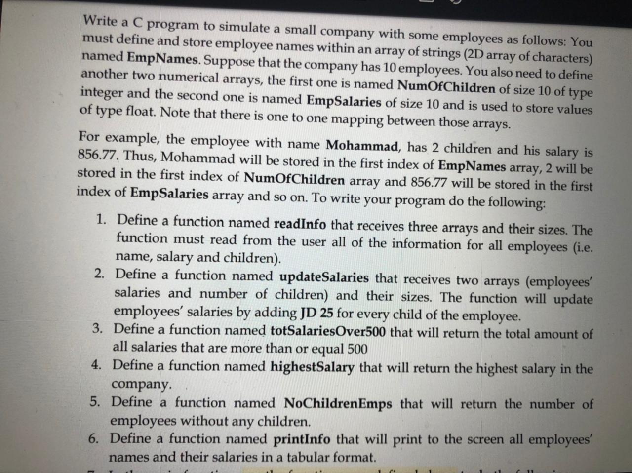 Solved Write a C program to simulate a small company with | Chegg.com