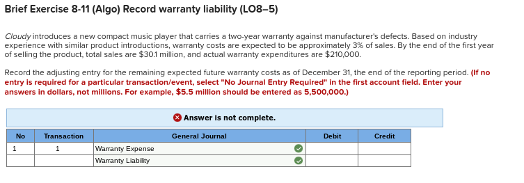 Solved Brief Exercise 8-11 (Algo) Record warranty liability | Chegg.com Solved Brief Exercise 8-11 (Algo) Record warranty liability | Chegg.com
