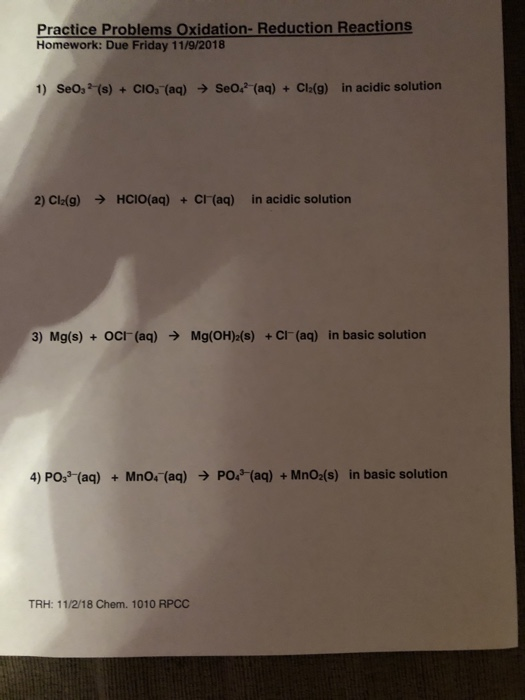 Solved Practice Problems Oxidation- Reduction Reactions | Chegg.com