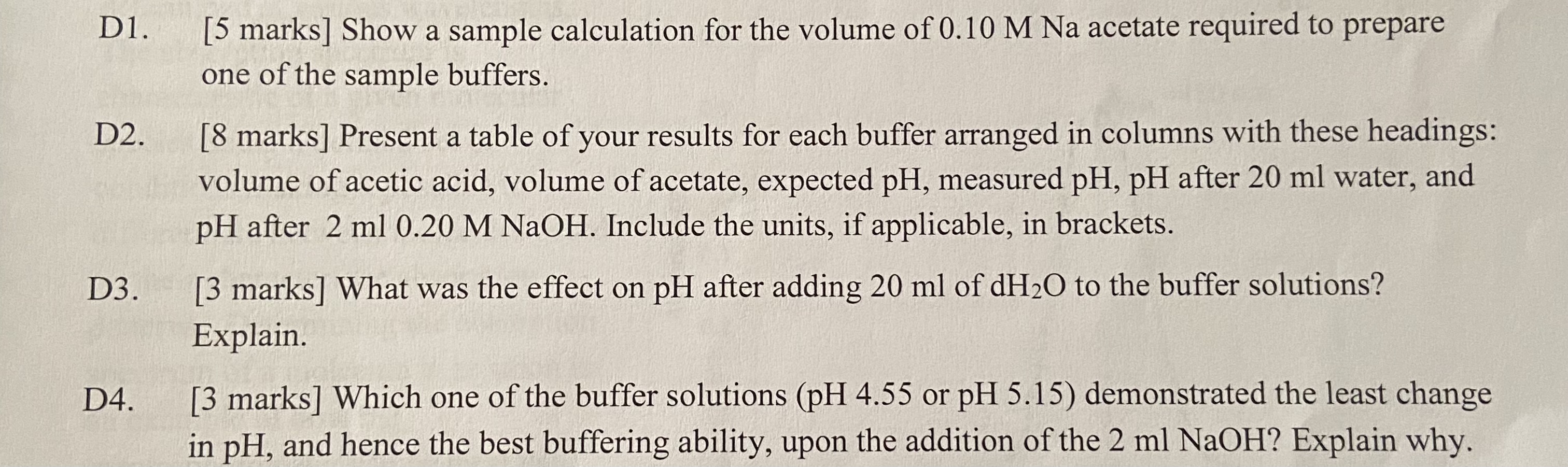 Solved D1. [ 5 marks] Show a sample calculation for the | Chegg.com