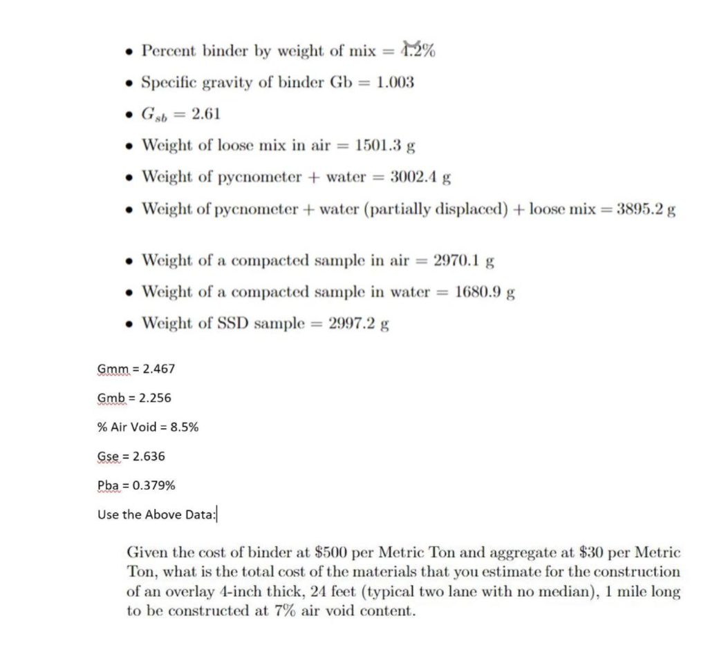 Solved - Percent binder by weight of mix=1.2% - Specific | Chegg.com