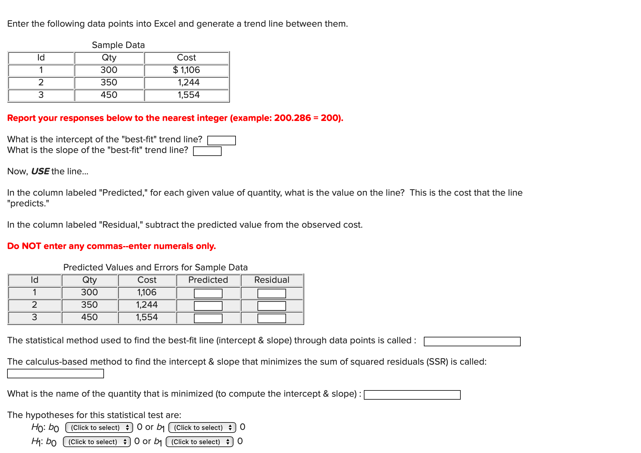 Solved Enter the following data points into Excel and | Chegg.com
