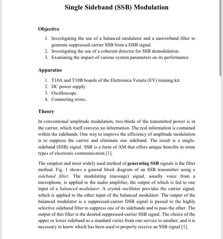 Solved Single Sideband (SSB) Modulation Objective 1. | Chegg.com