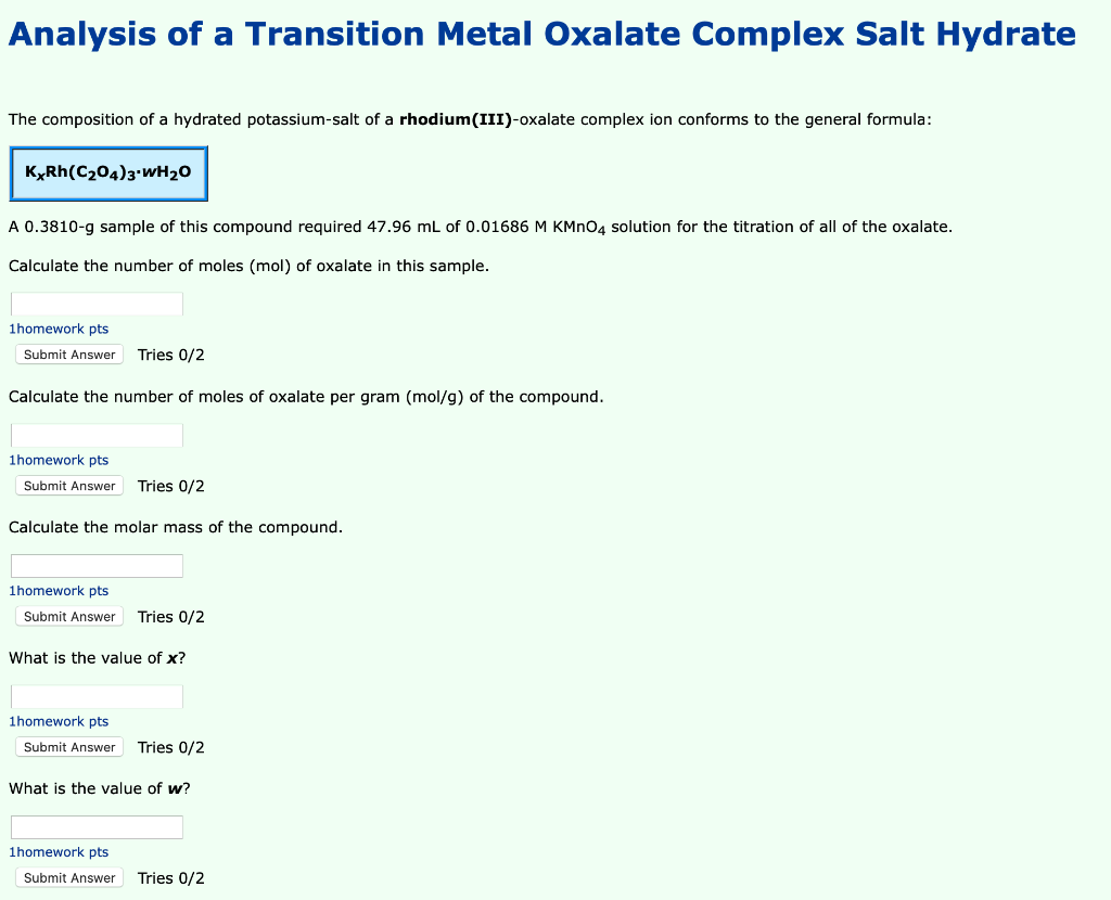 Solved Analysis of a Transition Metal Oxalate Complex Salt | Chegg.com