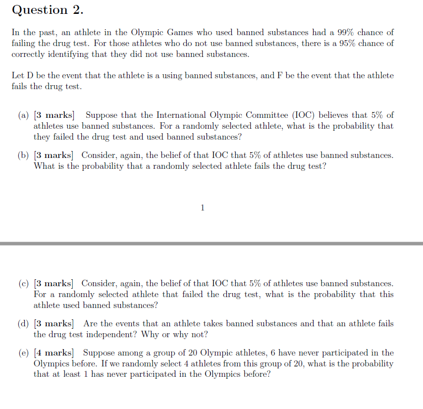 Solved Question 2. In the past, an athlete in the Olympic | Chegg.com